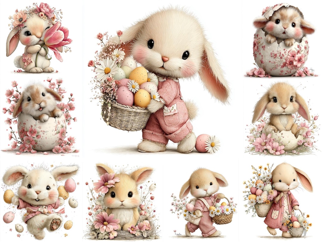 Easter Bunny Watercolor Clipart Cute Spring Rabbit With Eggs and ...