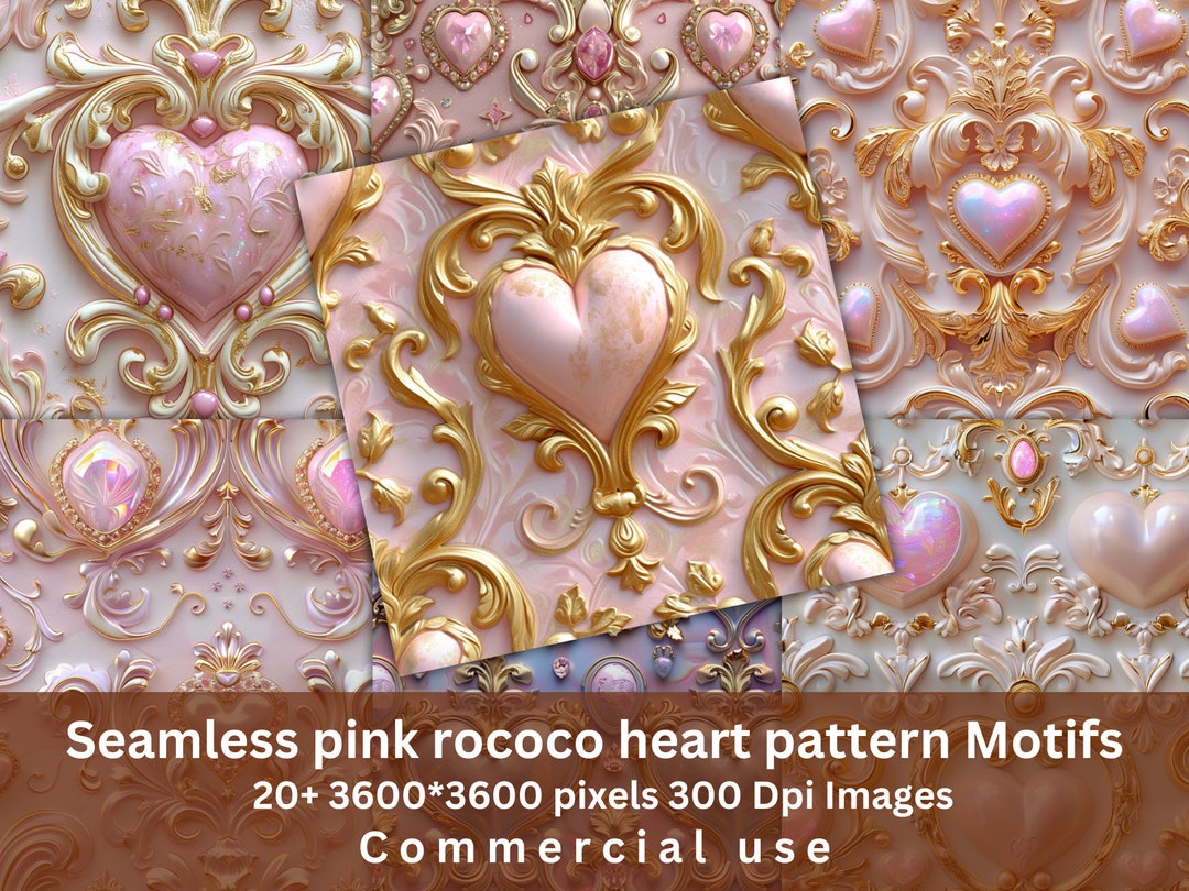 Pastel Pink Rococo Hearts Background JPG, Baroque Jewels Seamless ...
