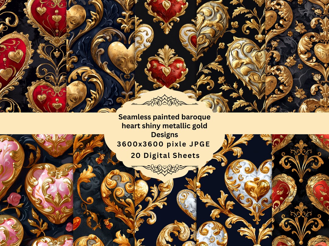 Rococo Red Heart Pattern Wallpaper Digital Paper Seamless JPEG ...