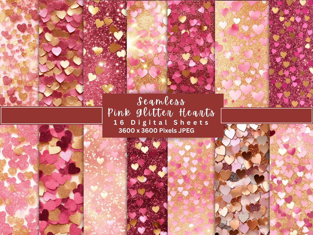 Pink Sparkling Glitter Digital Paper, Seamless Hearts Glitter Sparkle ...
