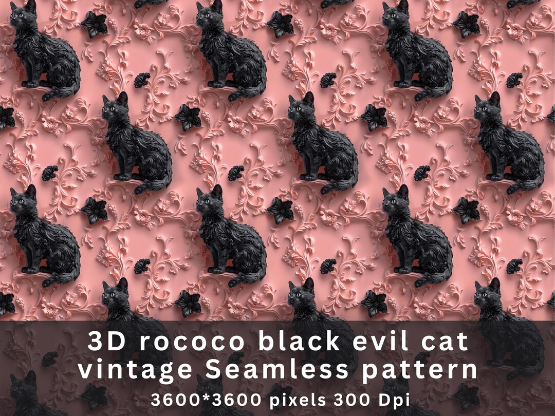 Black 3D Rococo Evil Cat Seamless Pattern PNG, Spooky Cat Sublimation ...