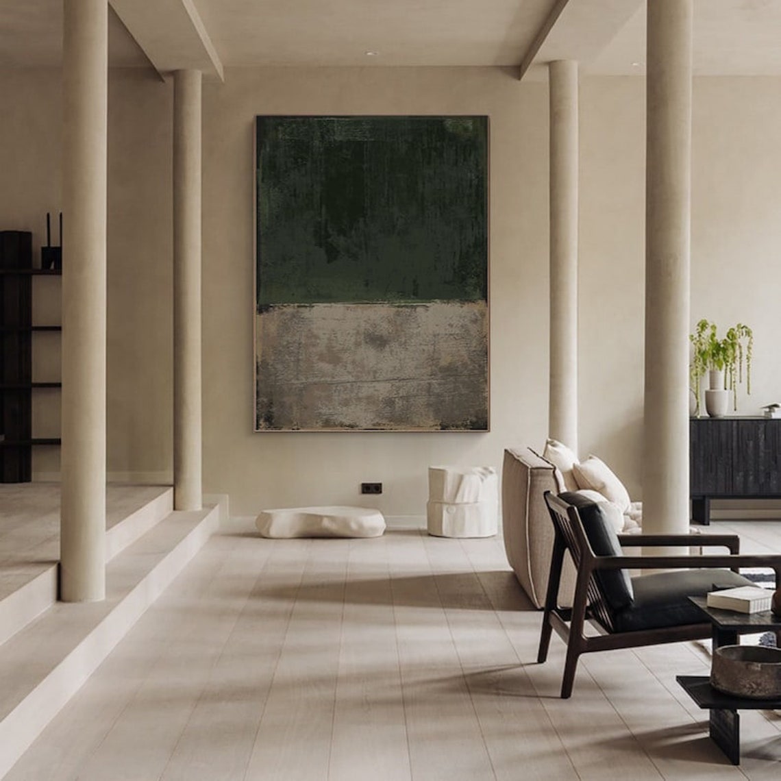 Dark Green & Beige Abstract Painting, Minimalist Painting on Canvas ...