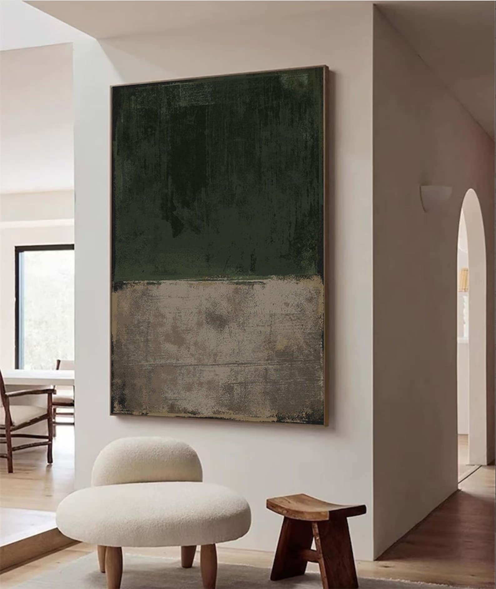 Dark Green & Beige Abstract Painting, Minimalist Painting on Canvas ...