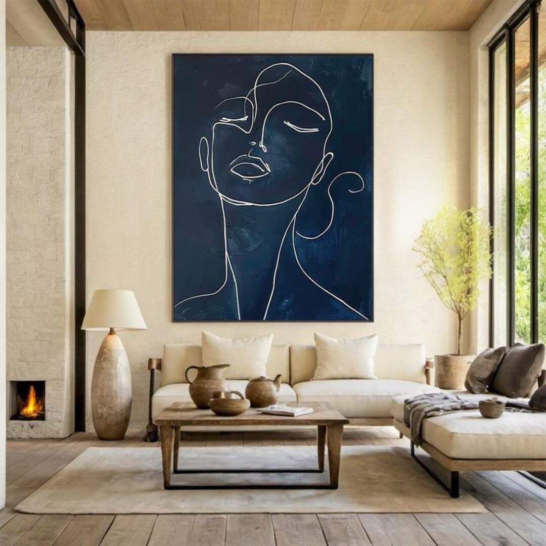 Scandinavian Wall Art, Blue Abstract Portrait, Woman Portrait, Dark ...