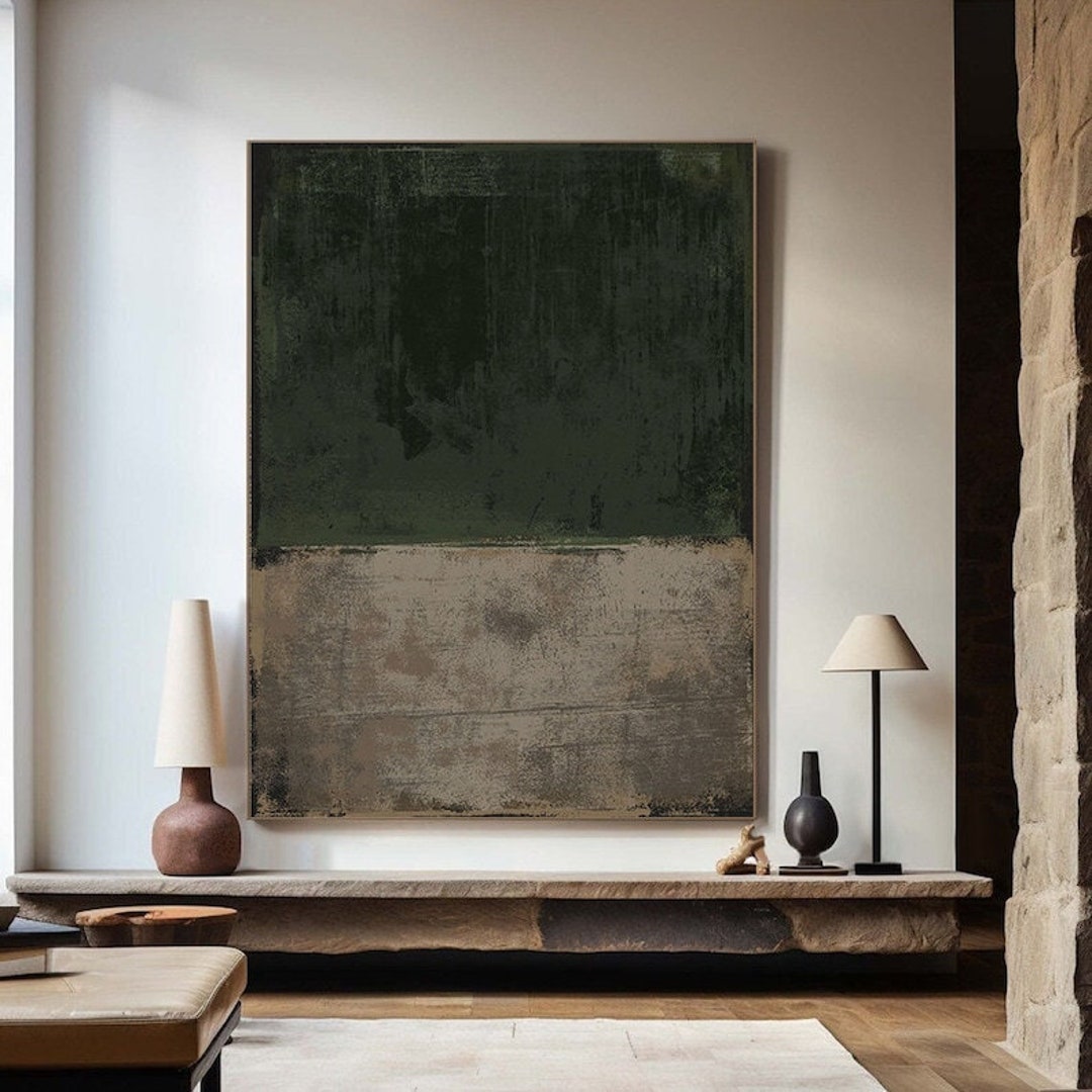 Dark Green & Beige Abstract Painting, Minimalist Painting on Canvas ...