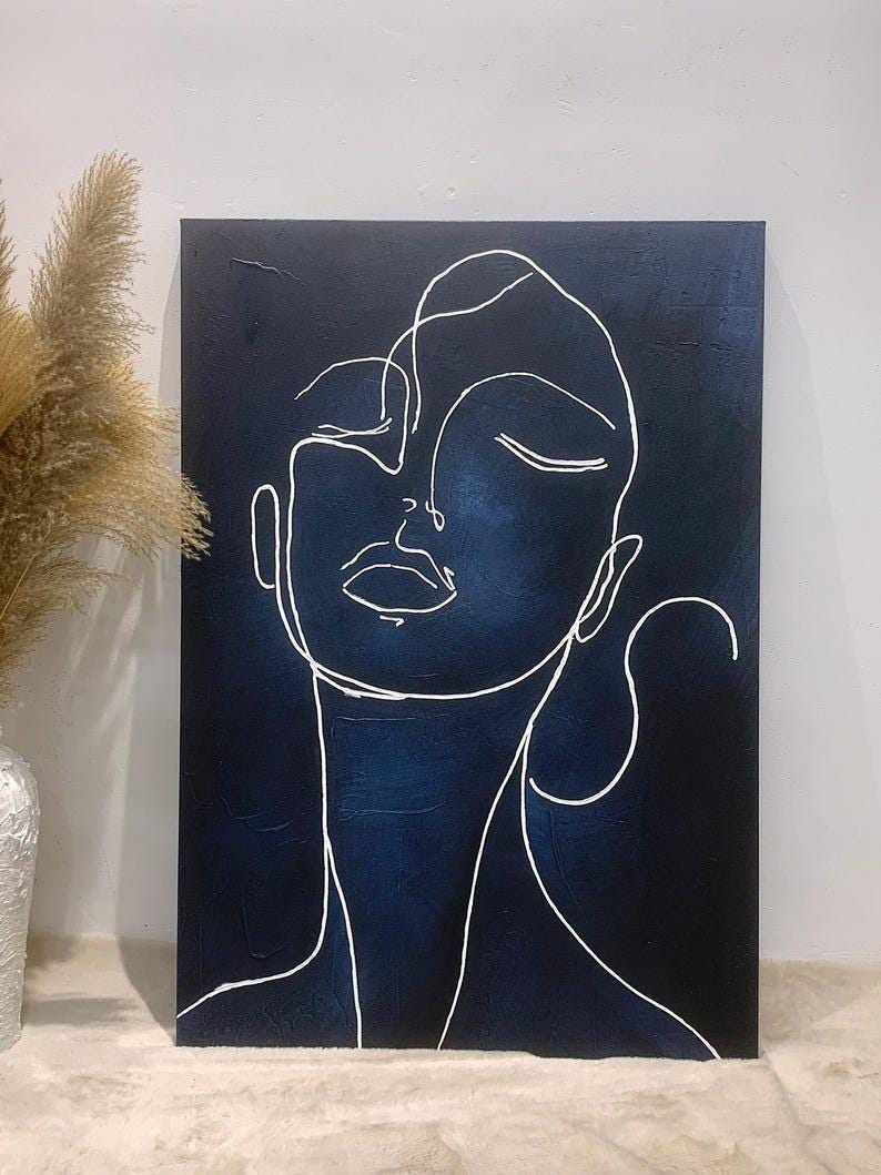 Scandinavian Wall Art, Blue Abstract Portrait, Woman Portrait, Dark ...