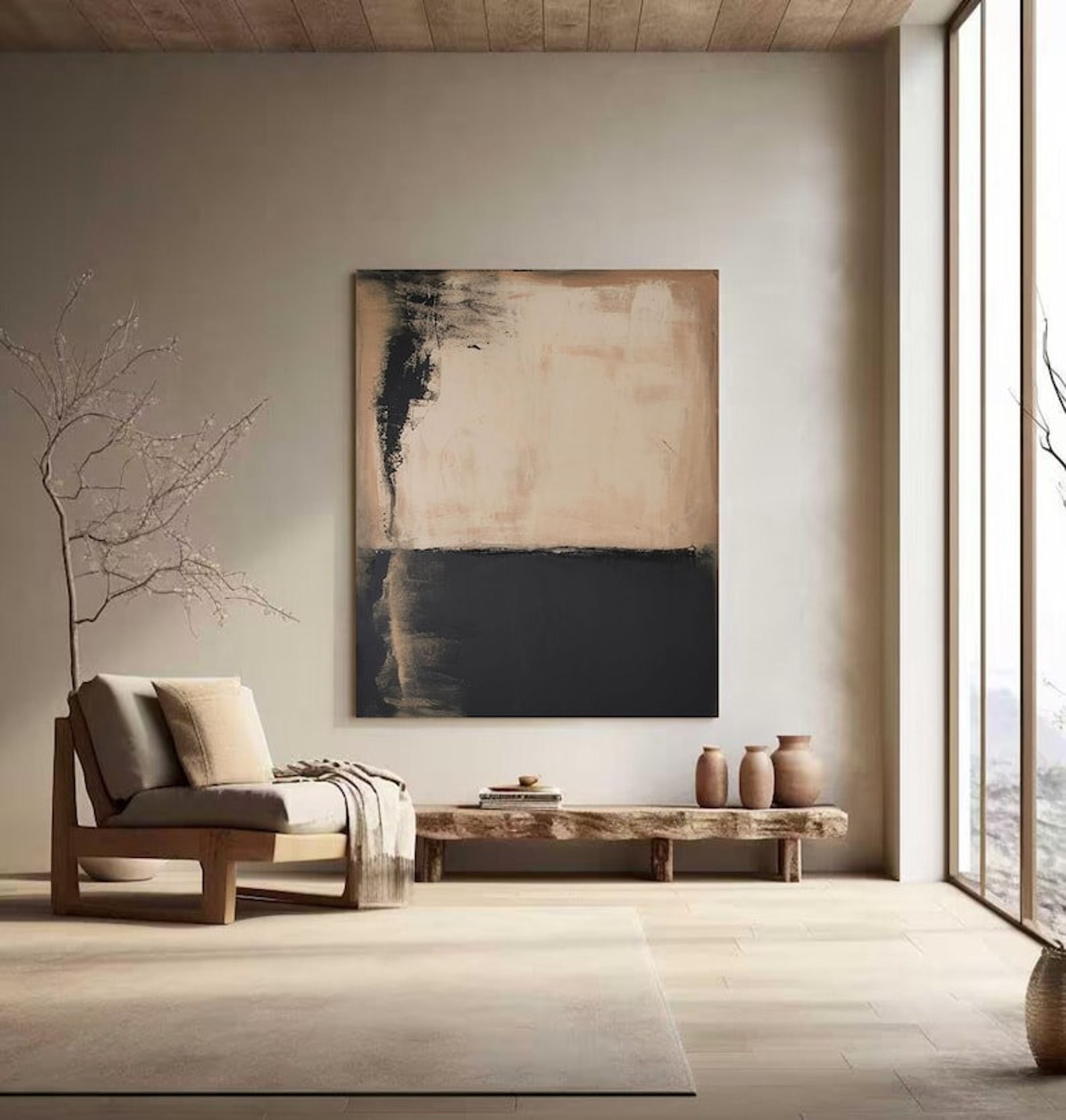 Beige and Dark Grey Wabi-sabi Wall Art Black Beige Abstract Painting ...
