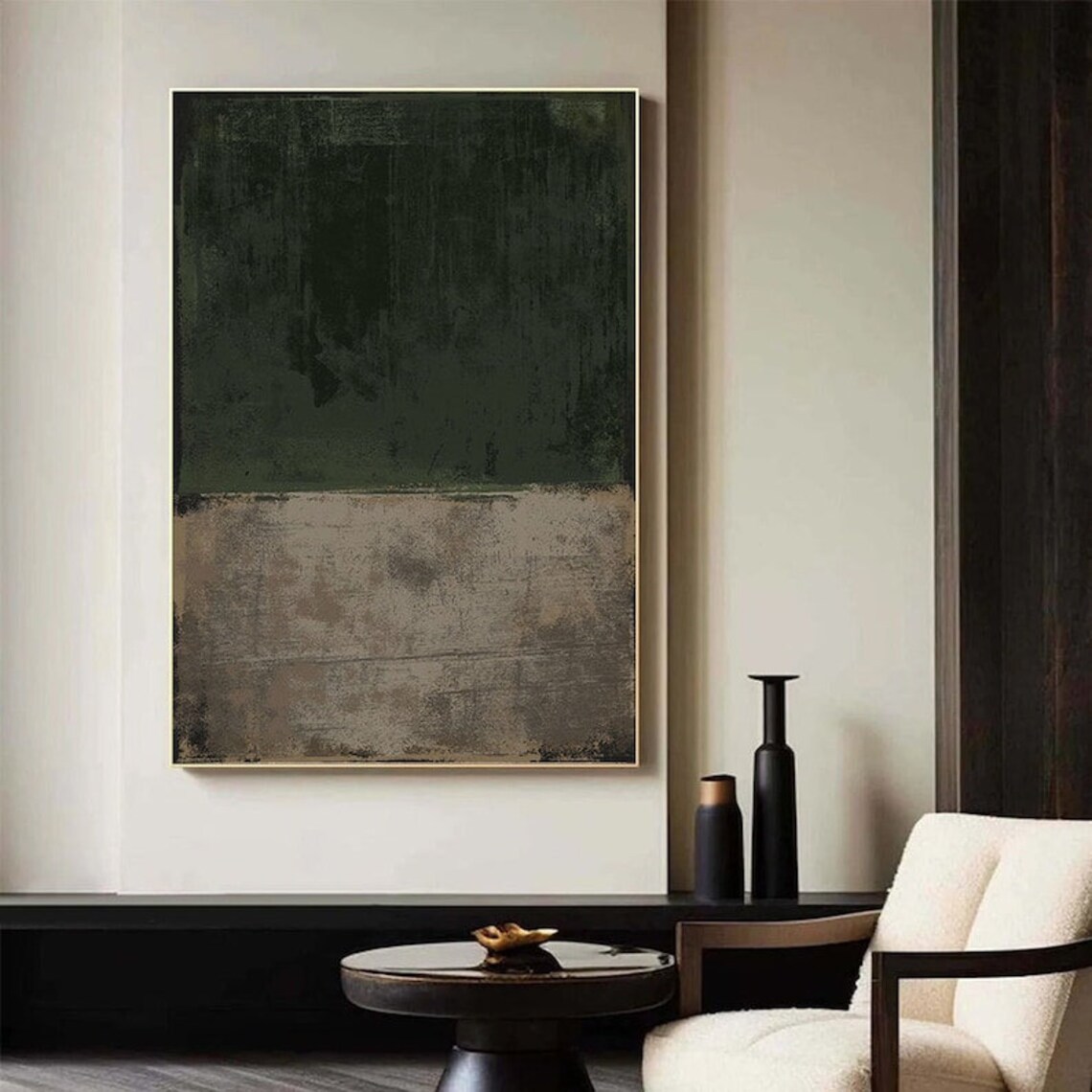 Dark Green & Beige Abstract Painting, Minimalist Painting on Canvas ...