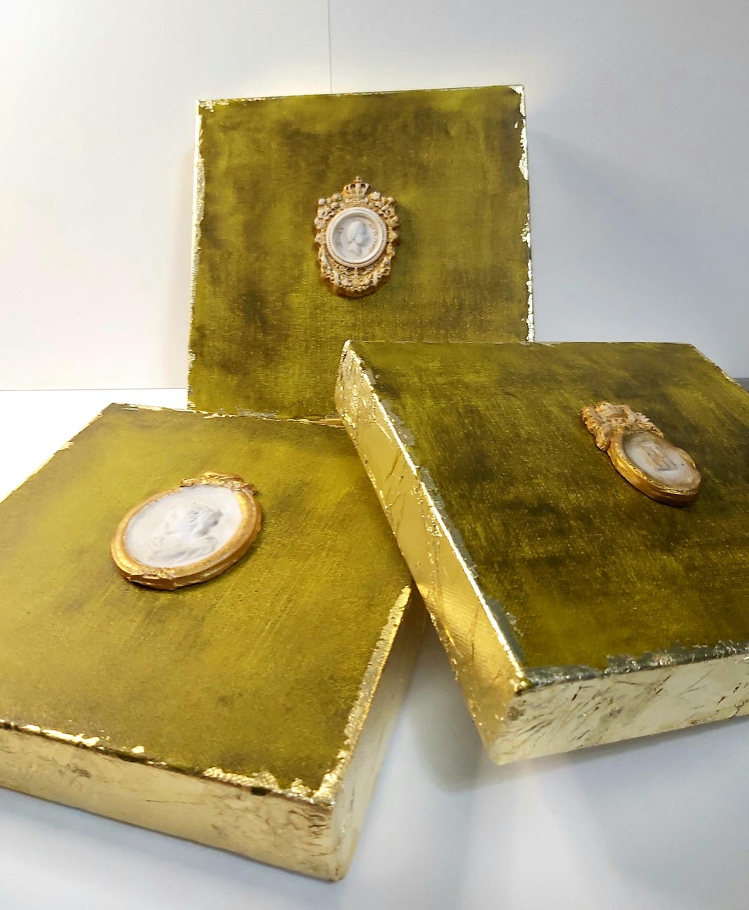 Set Of 3 Intaglio Art Gold Leaf Lyer Intaglio Bundle Set Of Intaglios Ancient Art Wall