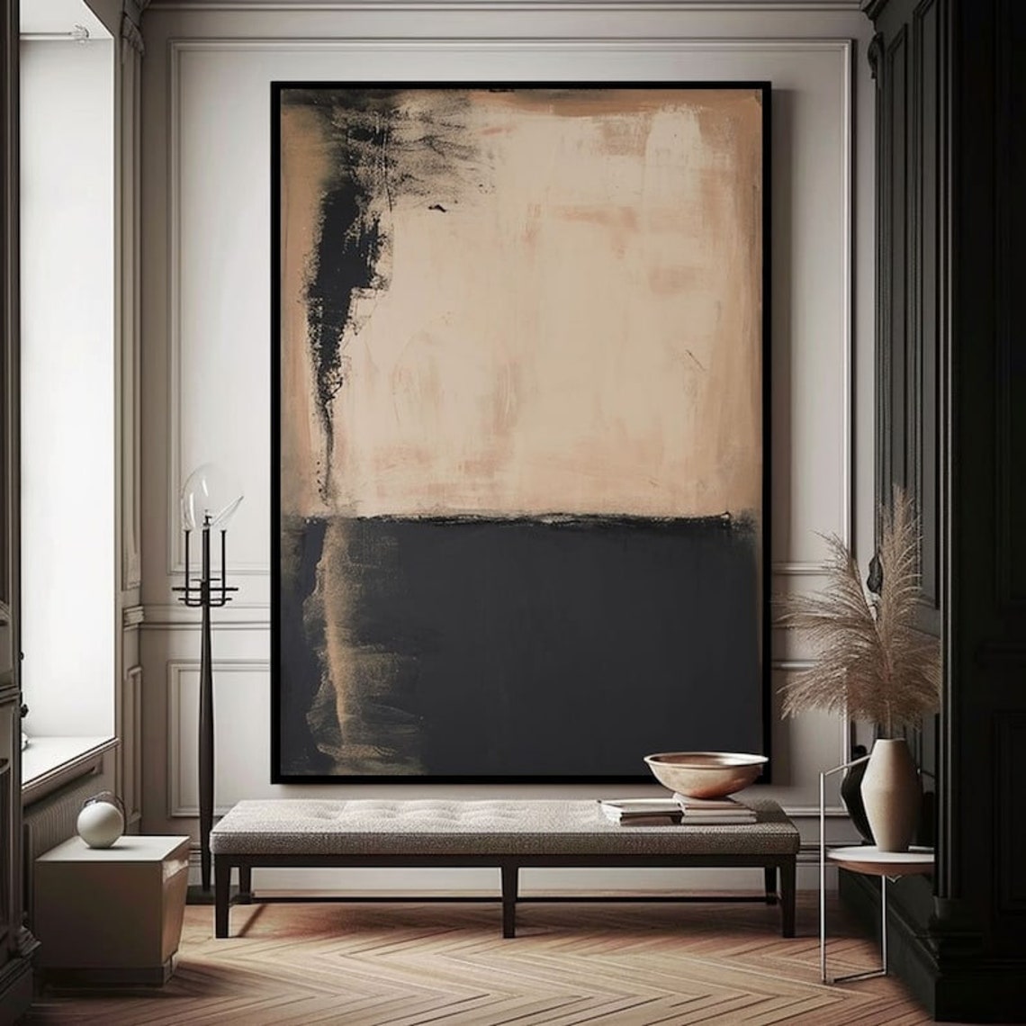 Beige and Dark Grey Wabi-sabi Wall Art Black Beige Abstract Painting ...
