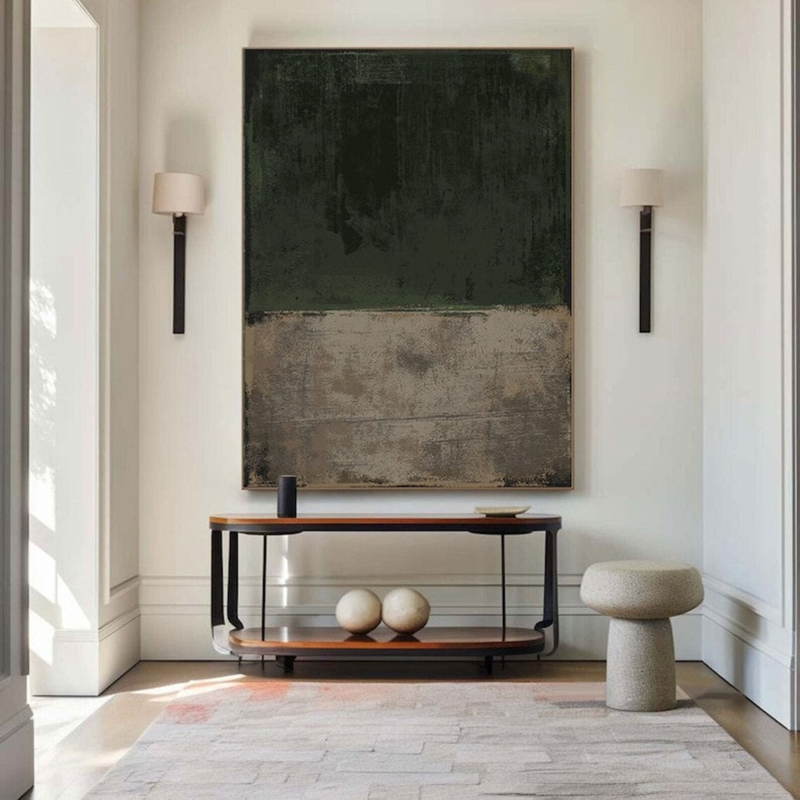 Dark Green & Beige Abstract Painting, Minimalist Painting on Canvas ...