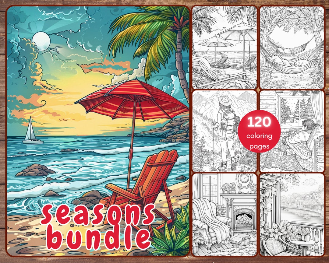 120 4 Seasons Bundle Coloring Book, Grayscale Winter Spring Summer ...