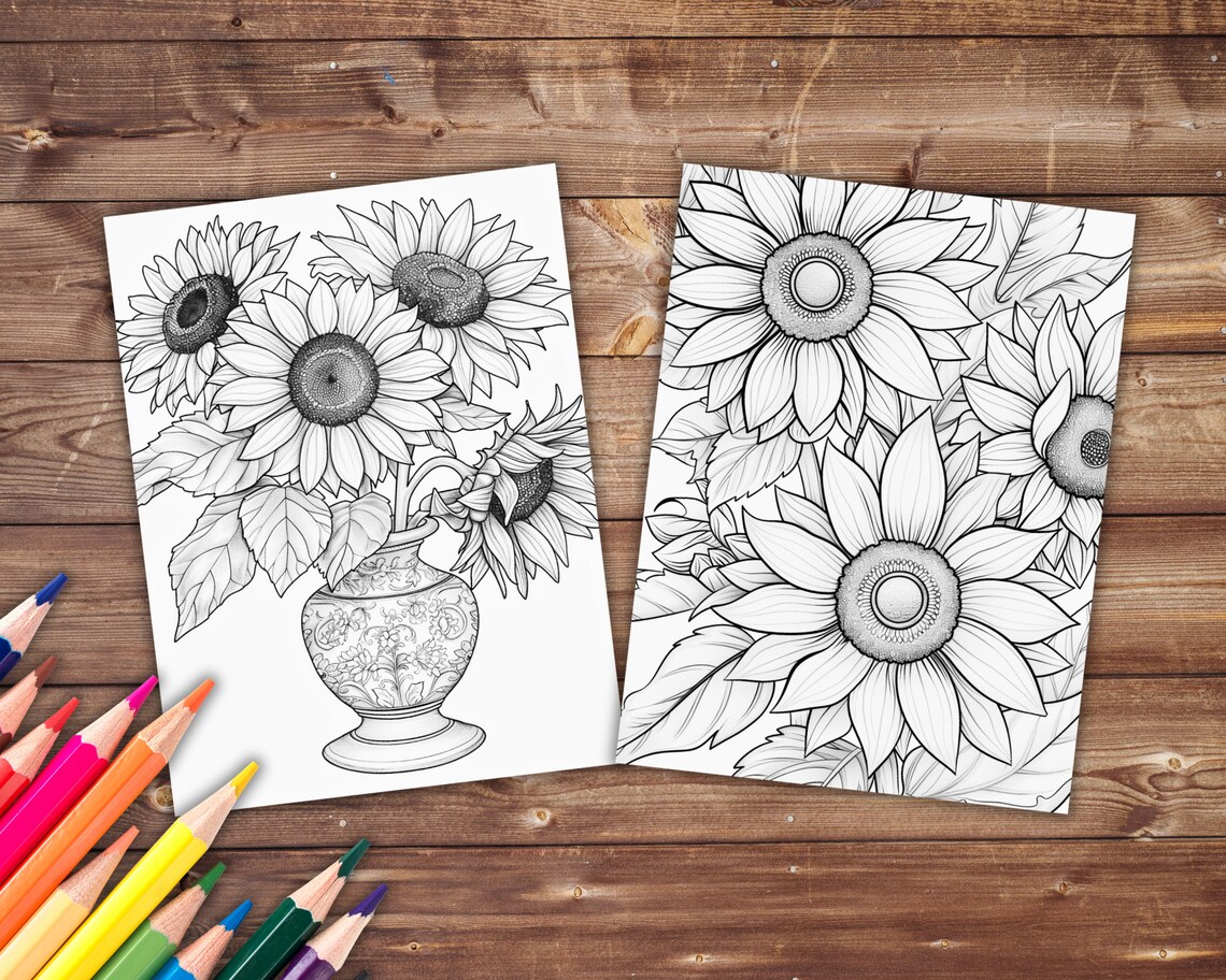 37 Sunflowers Coloring Book, Grayscale Sunflower Coloring Pages for ...