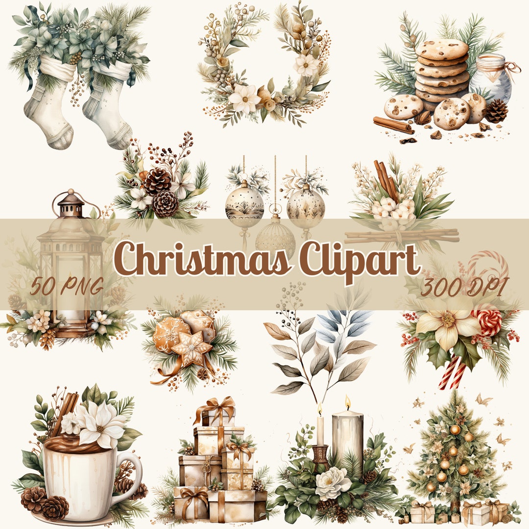 50 Christmas Clipart Bundle, Cozy Christmas, Neutral Color, Holiday ...