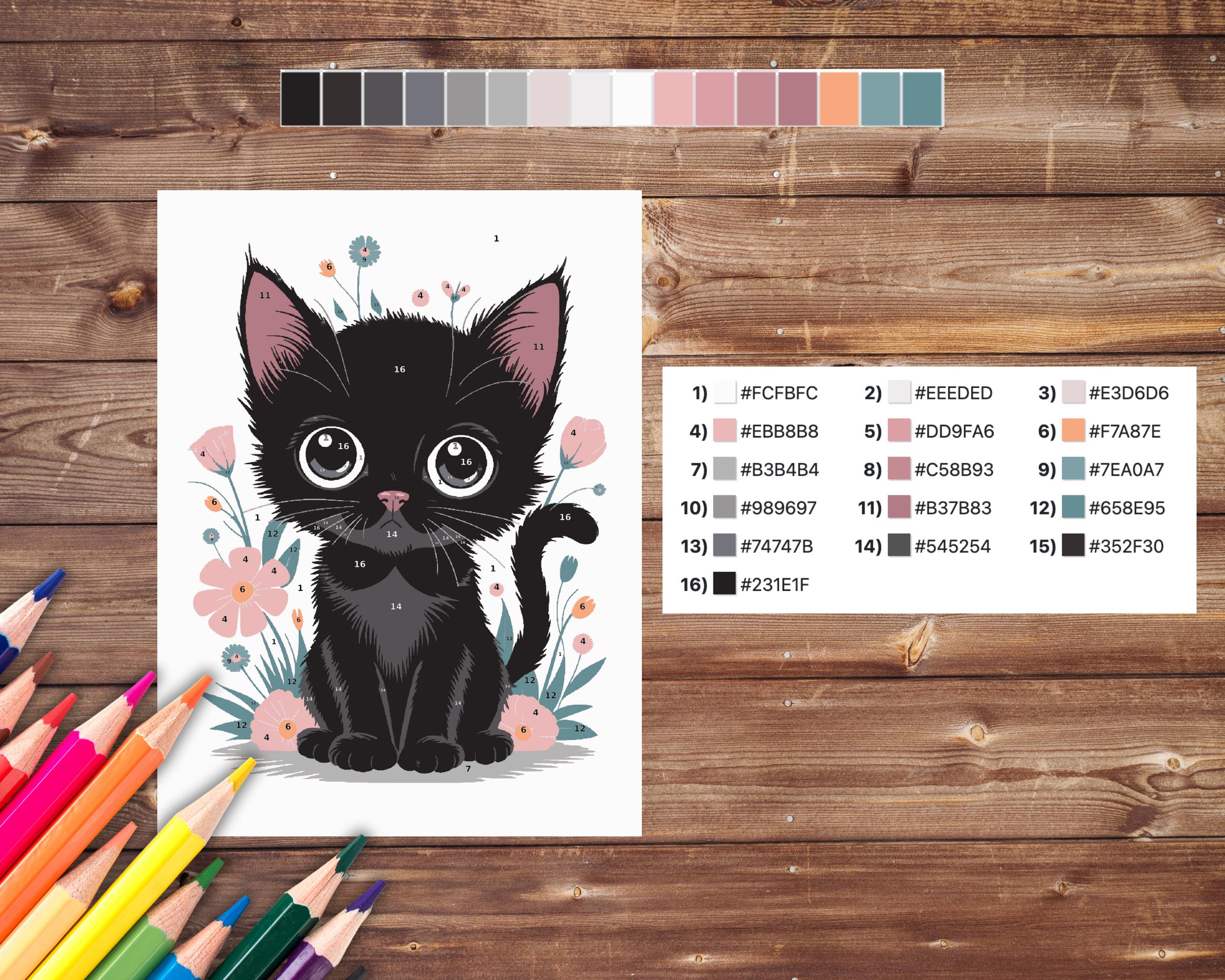 Black Cat Color by Number, Kawaii Cat Paint by Number, Printable ...