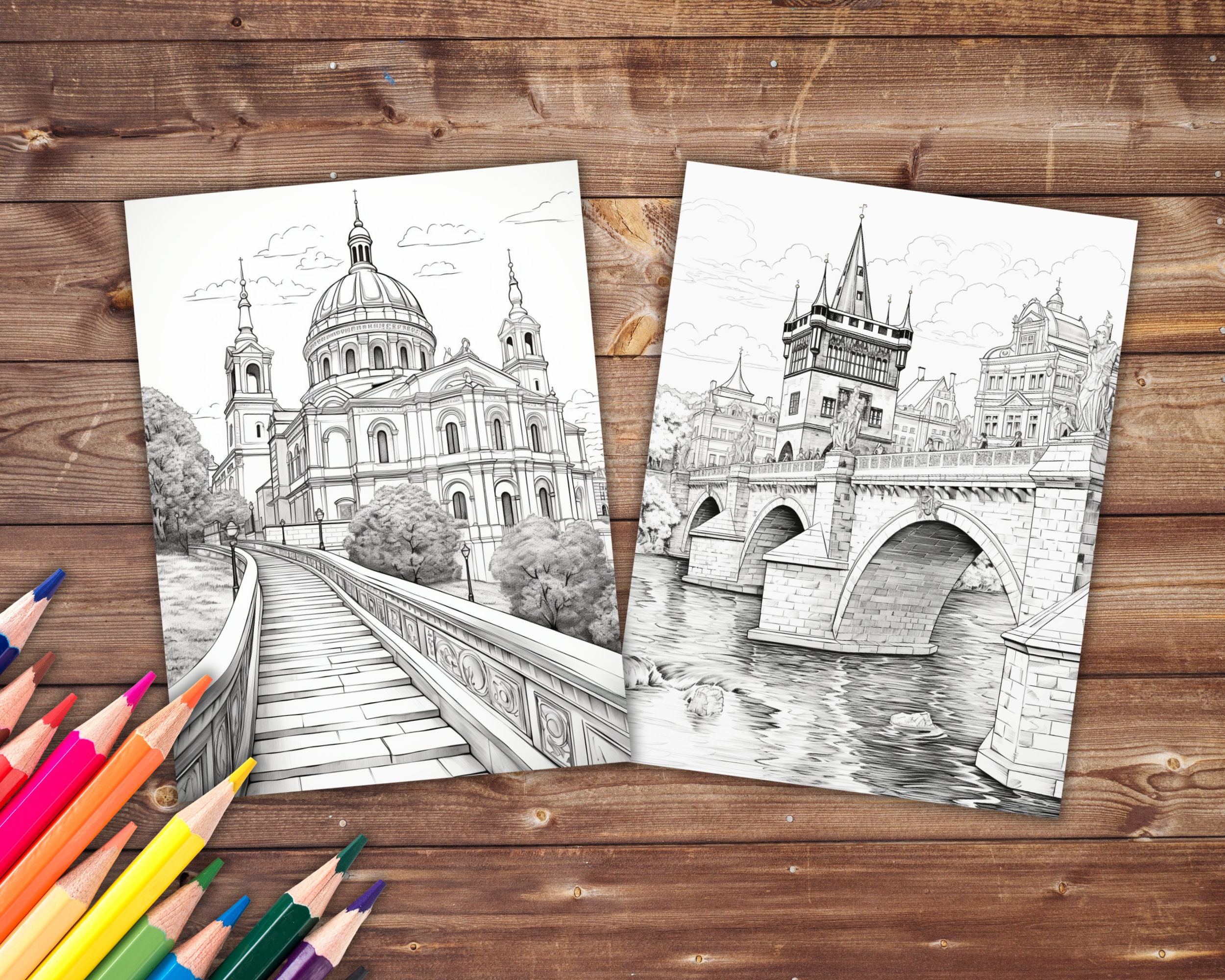 30 Prague Coloring Book, Grayscale Czechia Coloring Pages for Adults ...