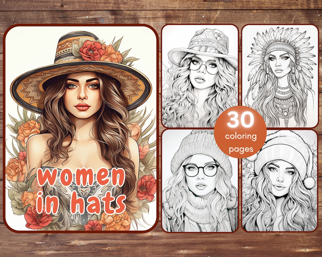 30 Women in Hats Coloring Book, Grayscale Fantasy Floral Hats Coloring ...