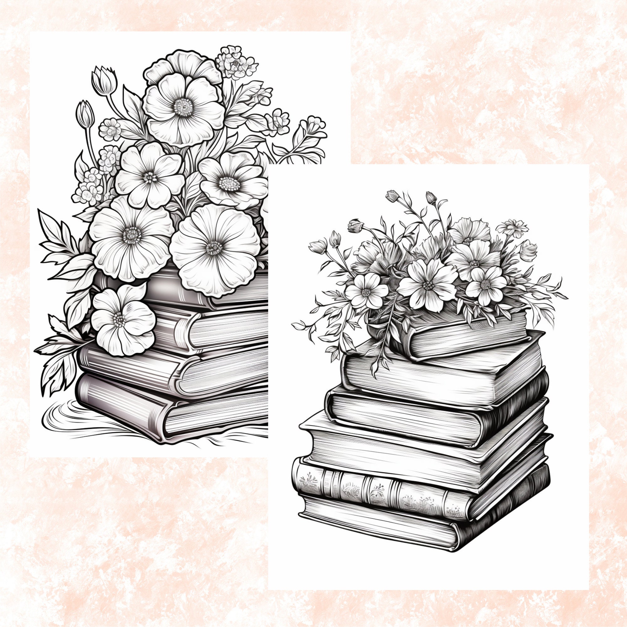 30 Books and Flowers Coloring Book, Grayscale Fantasy Floral Books ...