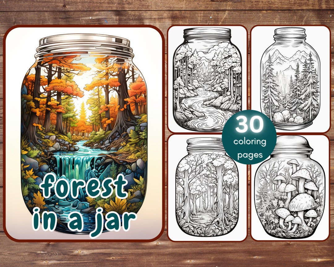 30 Forest in a Jar Coloring Book, Grayscale Trees in a Jar Coloring ...