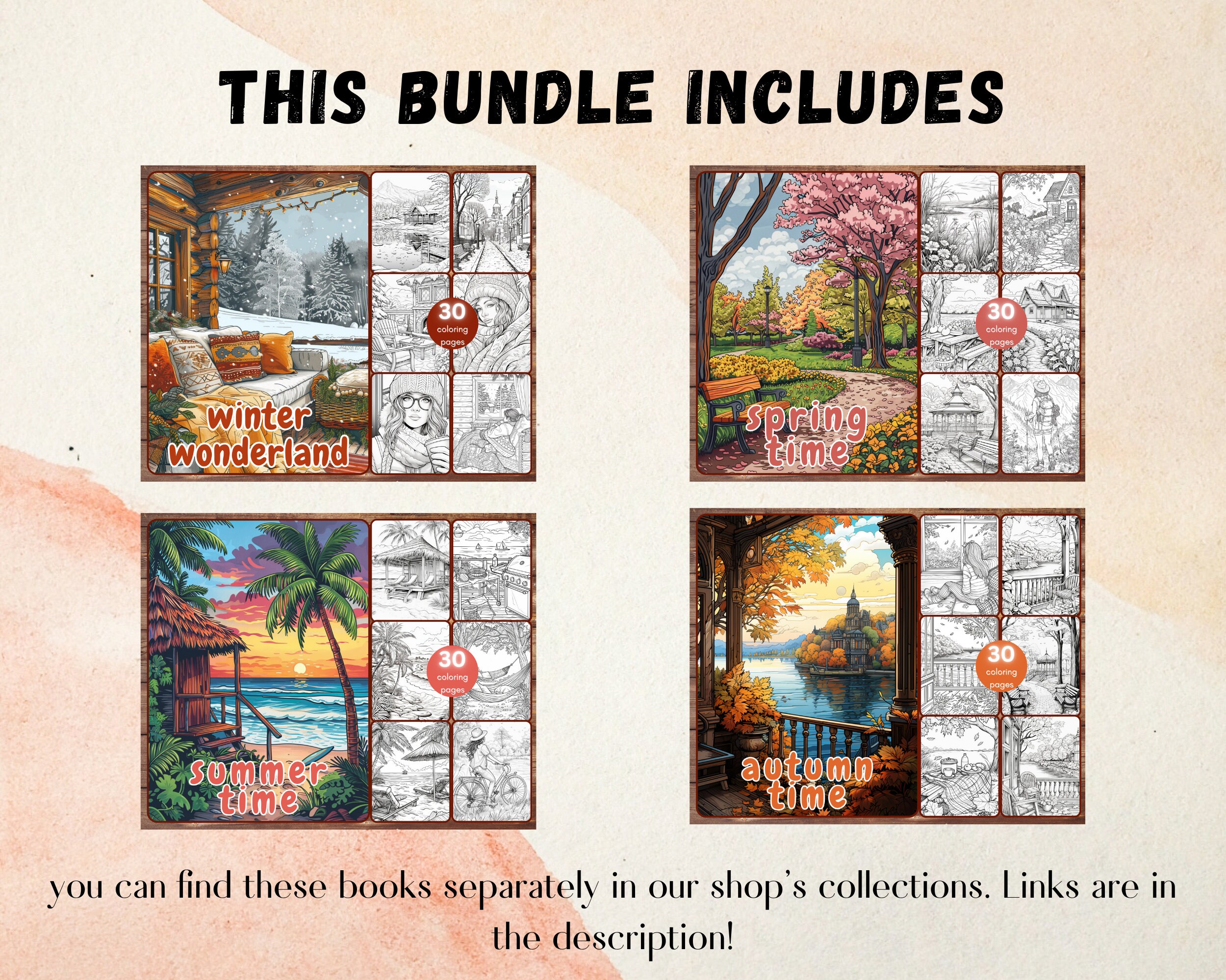 120 4 Seasons Bundle Coloring Book, Grayscale Winter Spring Summer ...