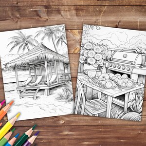 30 Summer Time Coloring Book, Grayscale Beach Coloring Pages for Adults ...