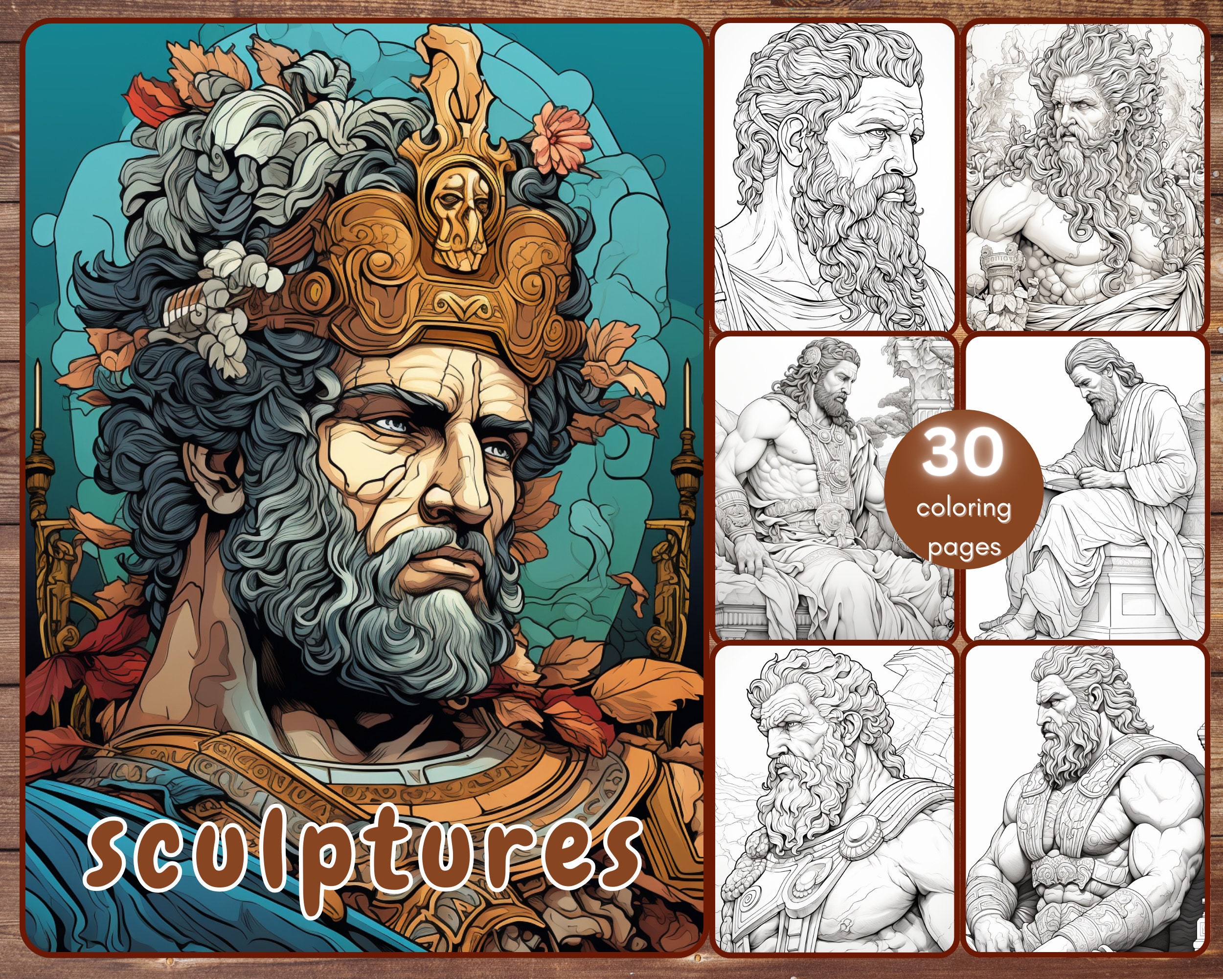 30 Sculptures Coloring Book, Grayscale Ancient Greek Mythology Coloring ...