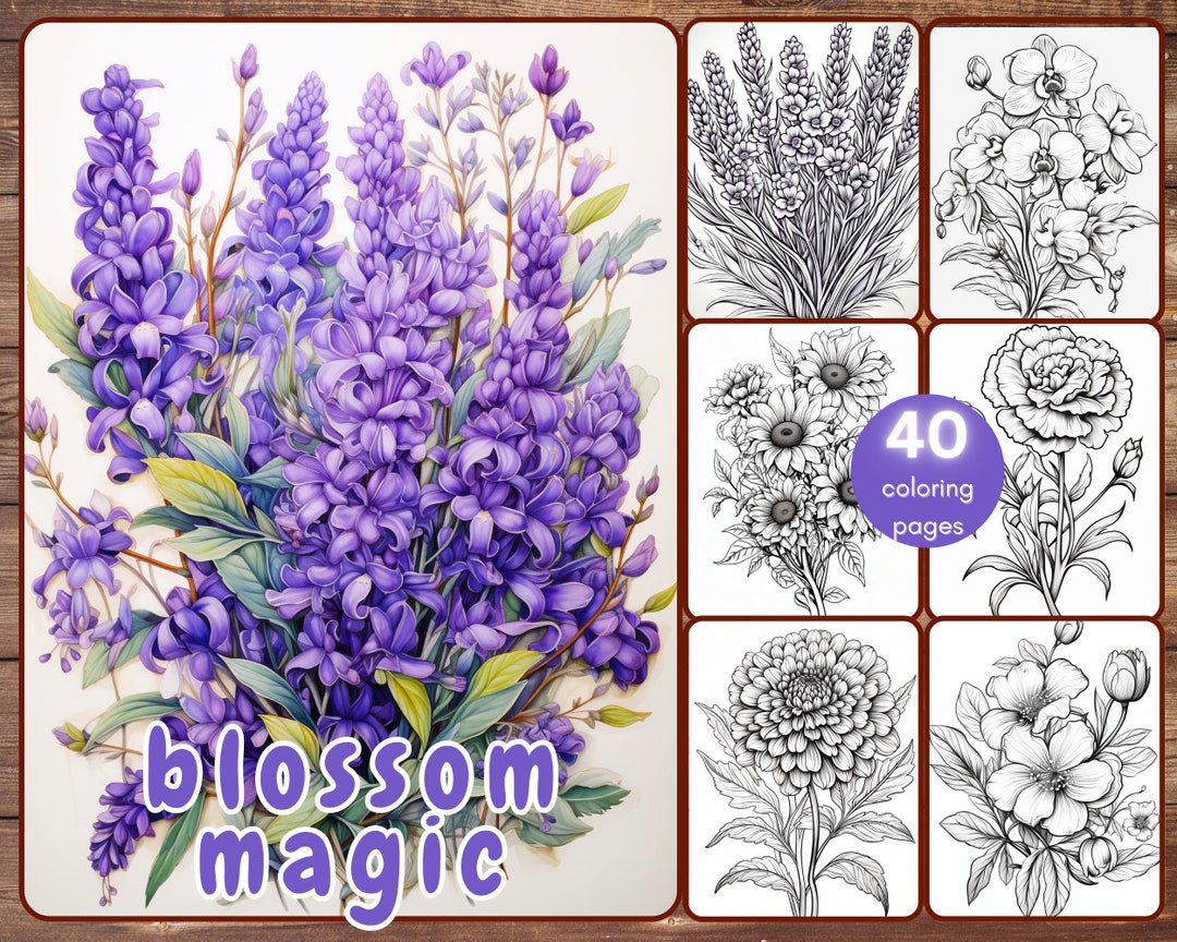 40 Blossom Magic Coloring Book, Grayscale Beautiful Flowers Coloring ...