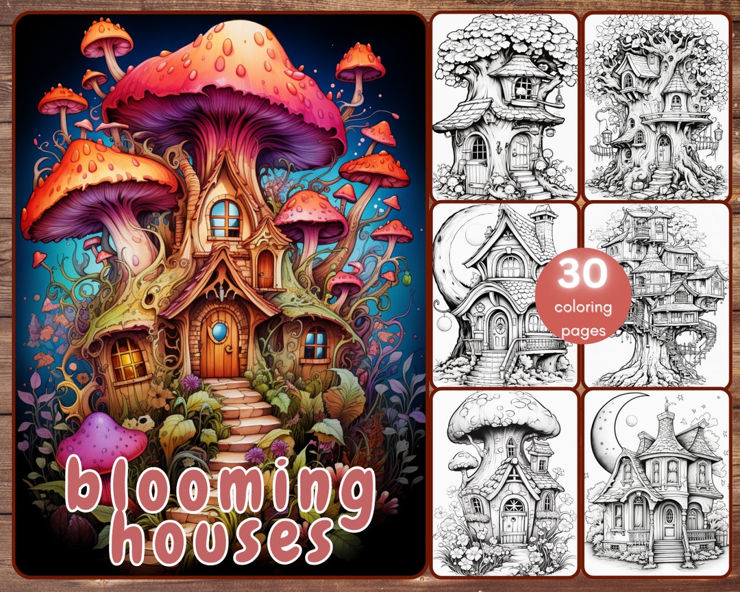 30 Blooming Fairy Houses Coloring Book, Grayscale Fantasy Tree Houses ...