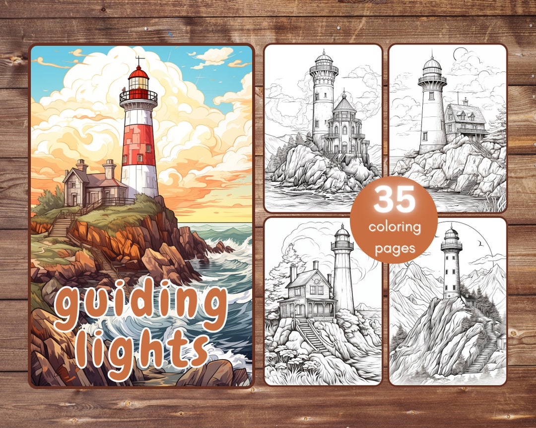 35 Lighthouse Coloring Book, Grayscale Fantasy Guiding Lights Coloring ...