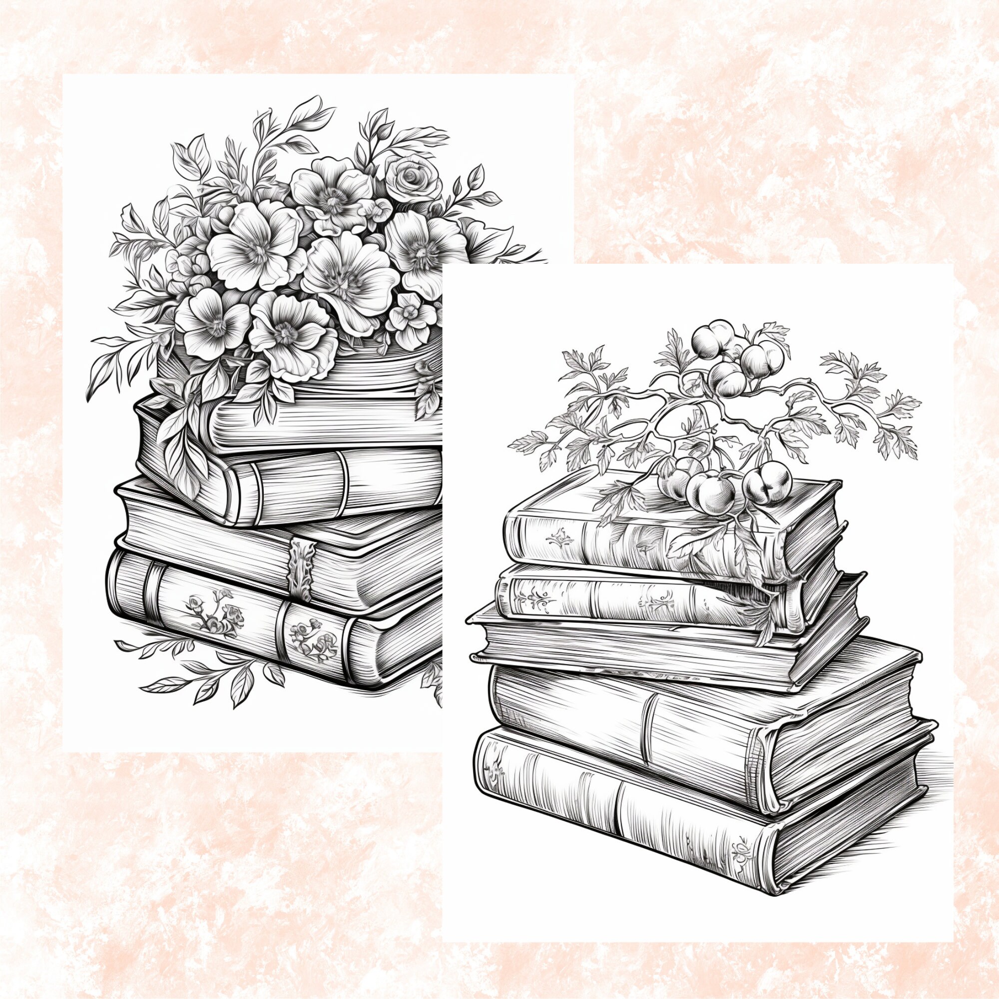 30 Books and Flowers Coloring Book, Grayscale Fantasy Floral Books ...