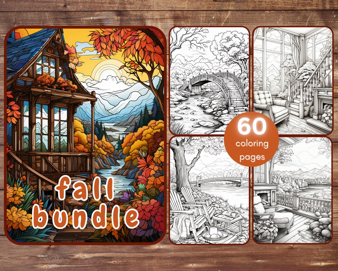 60 Fall Coloring Book Bundle, Grayscale Printable Autumn Coloring, Cozy ...