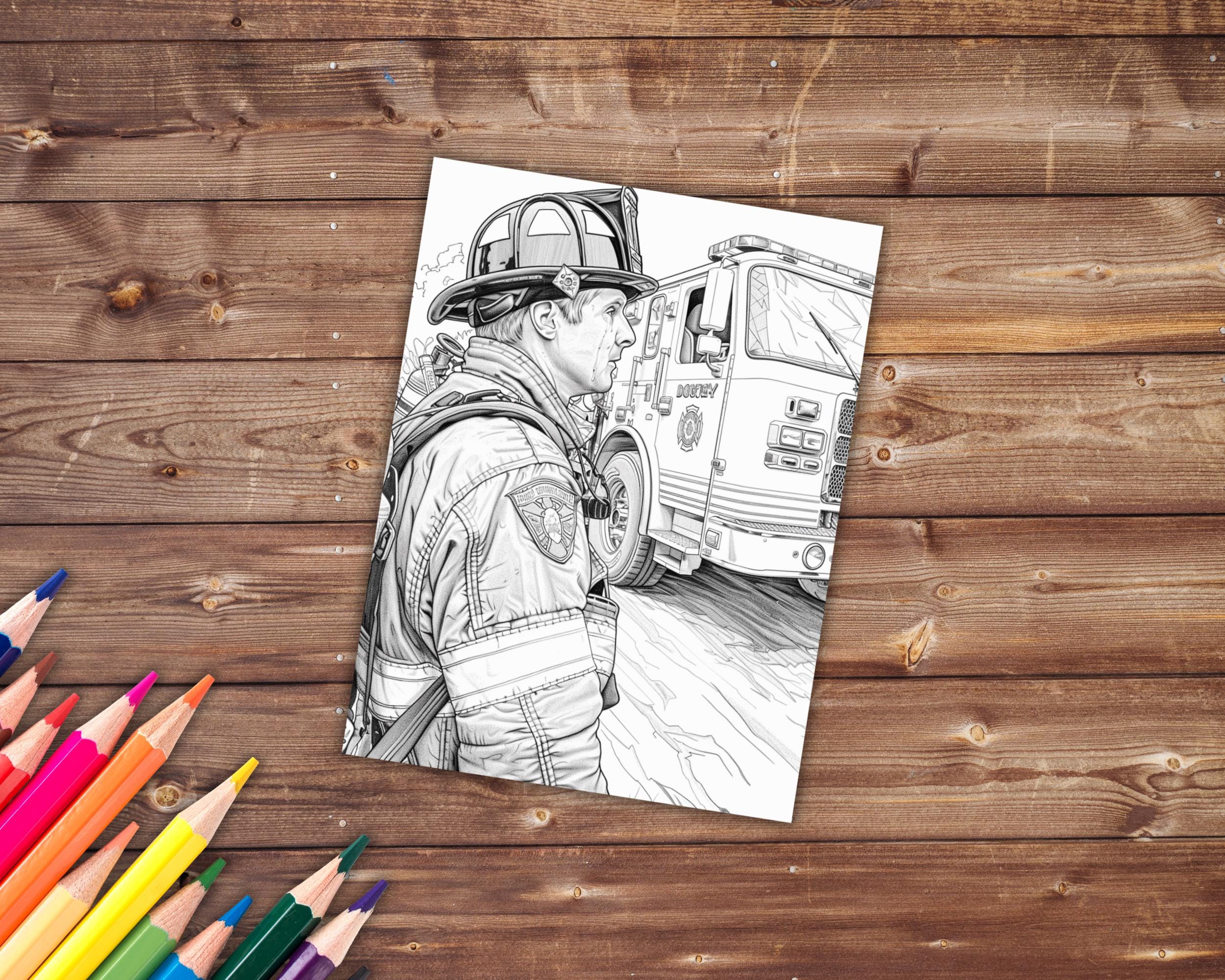 31 Firetrucks and Firefighters Coloring Book, Grayscale Trucks Coloring ...
