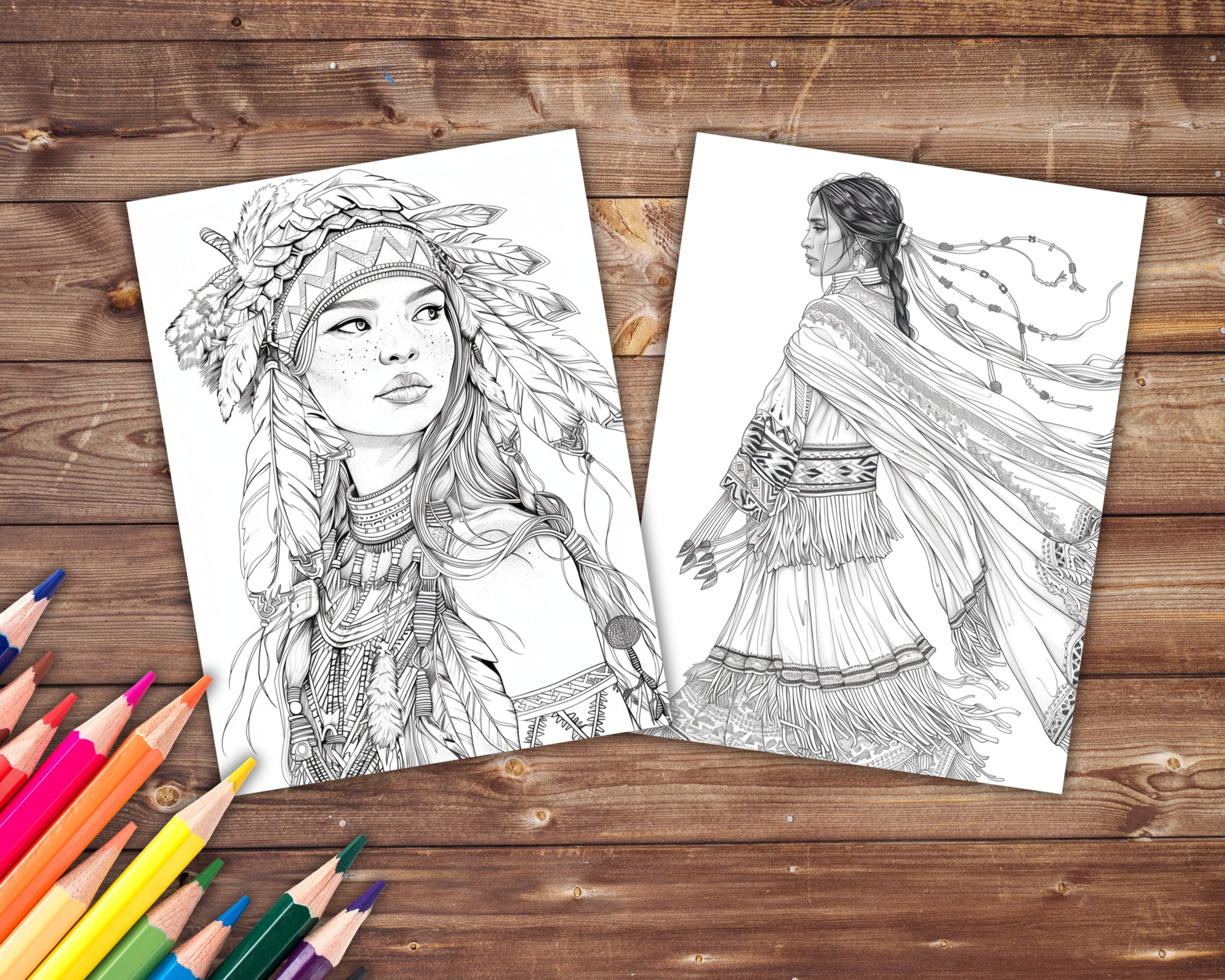 40 Native American Women Coloring Book, Grayscale Fantasy Beautiful ...