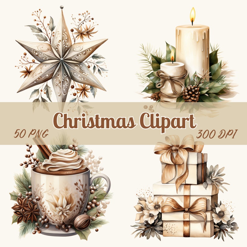 50 Christmas Clipart Bundle, Cozy Christmas, Neutral Color, Holiday ...