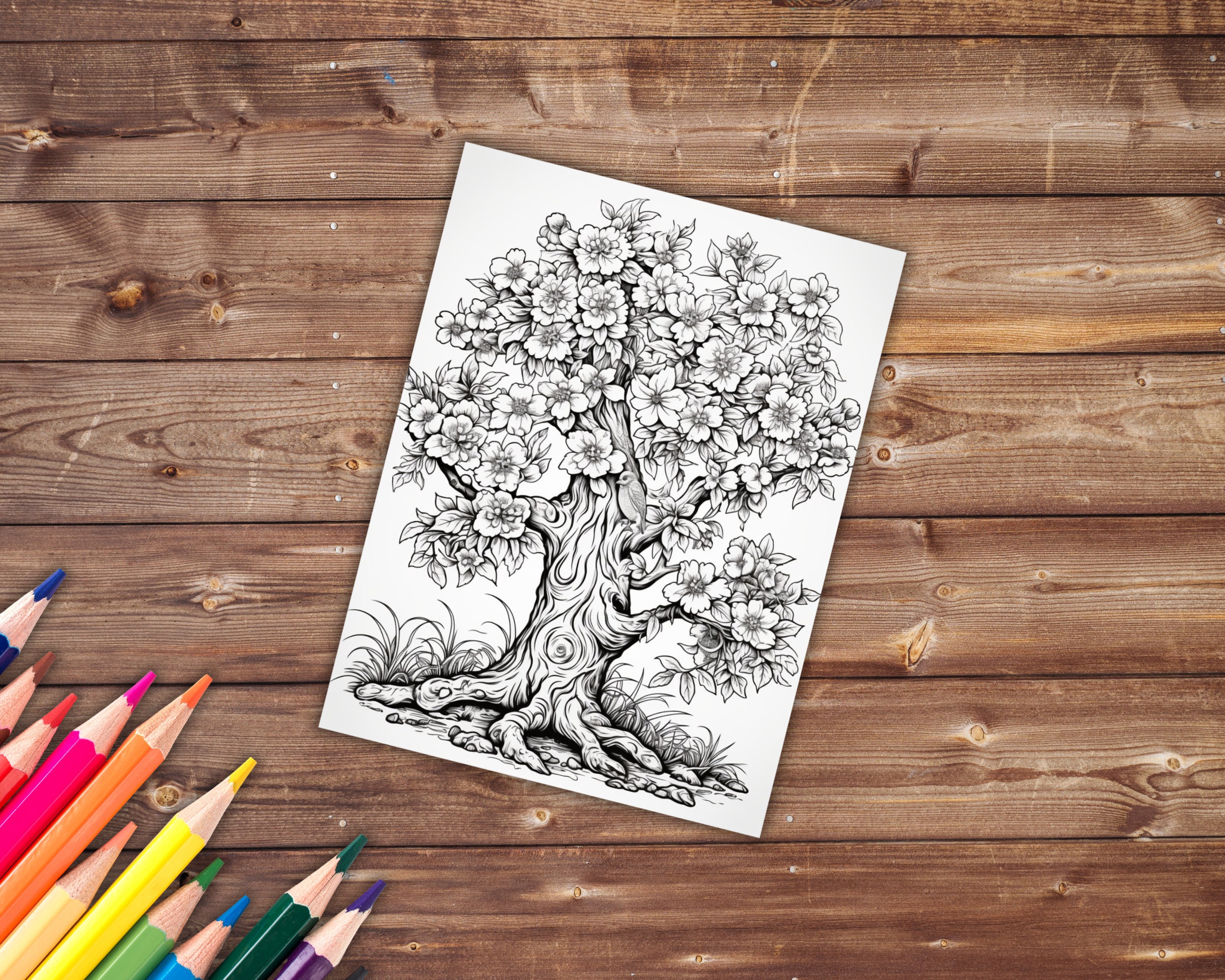 30 Floral Trees Coloring Book, Grayscale Fantasy Flower and Trees ...