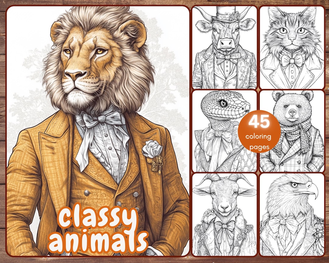 45 Classy Animals Coloring Book, Grayscale Victorian Animals Coloring ...