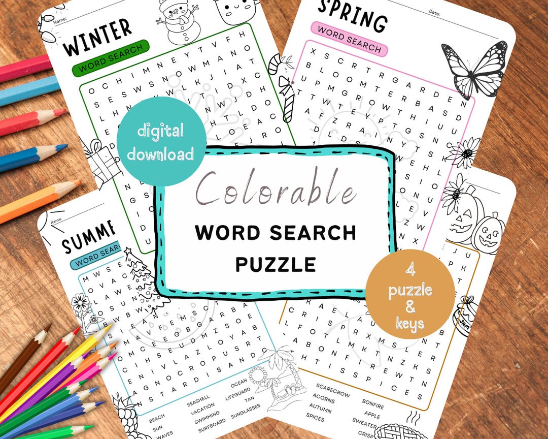 4 Colorable Seasons Word Search Puzzle, Printable Season Puzzle, Easy ...