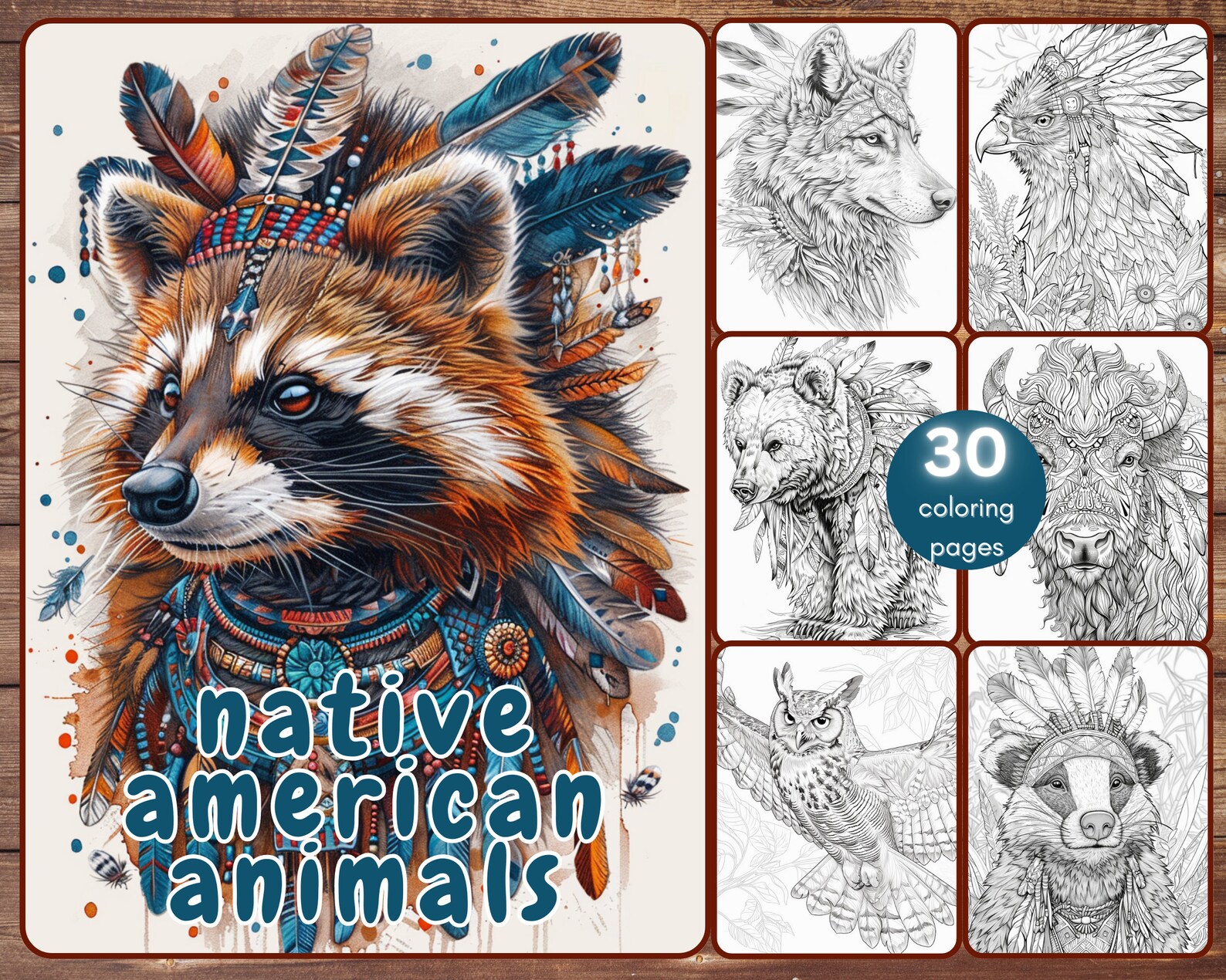 30 Native American Animals Coloring Book, Grayscale Fantasy Animals ...