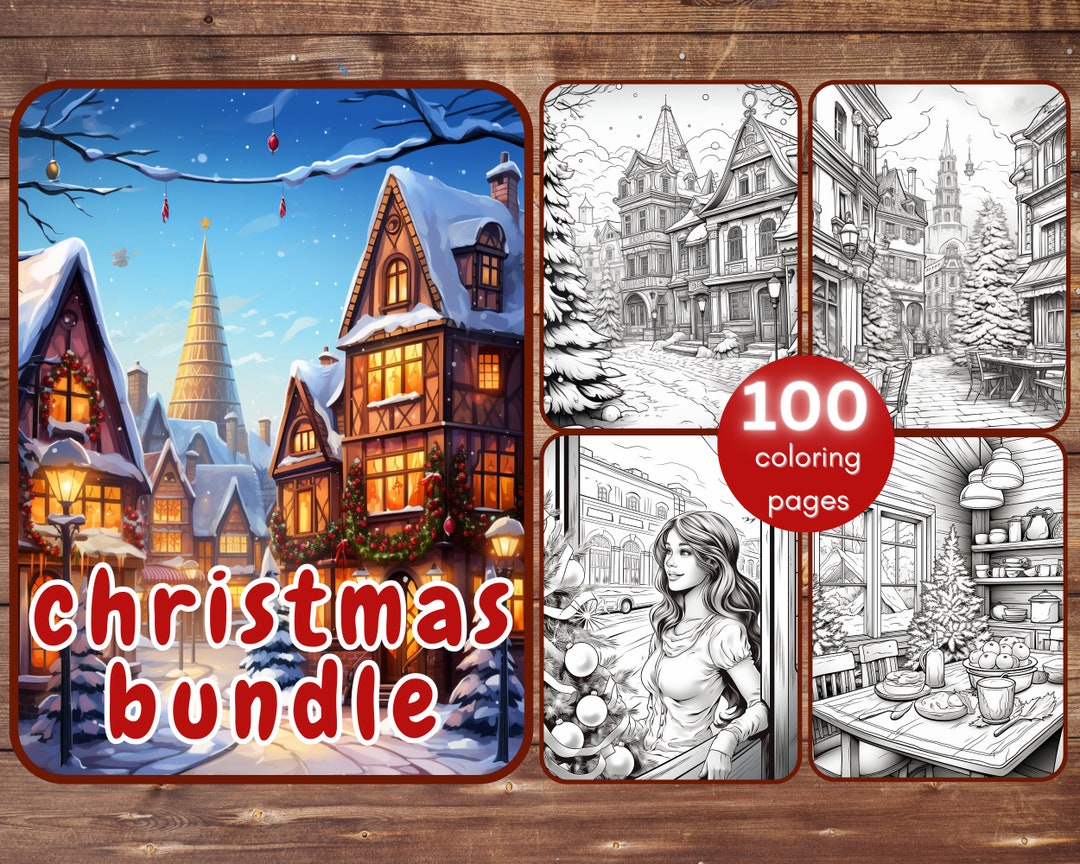 100 Christmas Coloring Book Bundle, Printable Grayscale Christmas ...