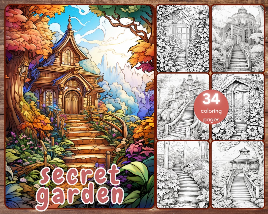 34 Secret Garden Coloring Book, Grayscale Fantasy Enchanted Forest Coloring Book for Adults ...