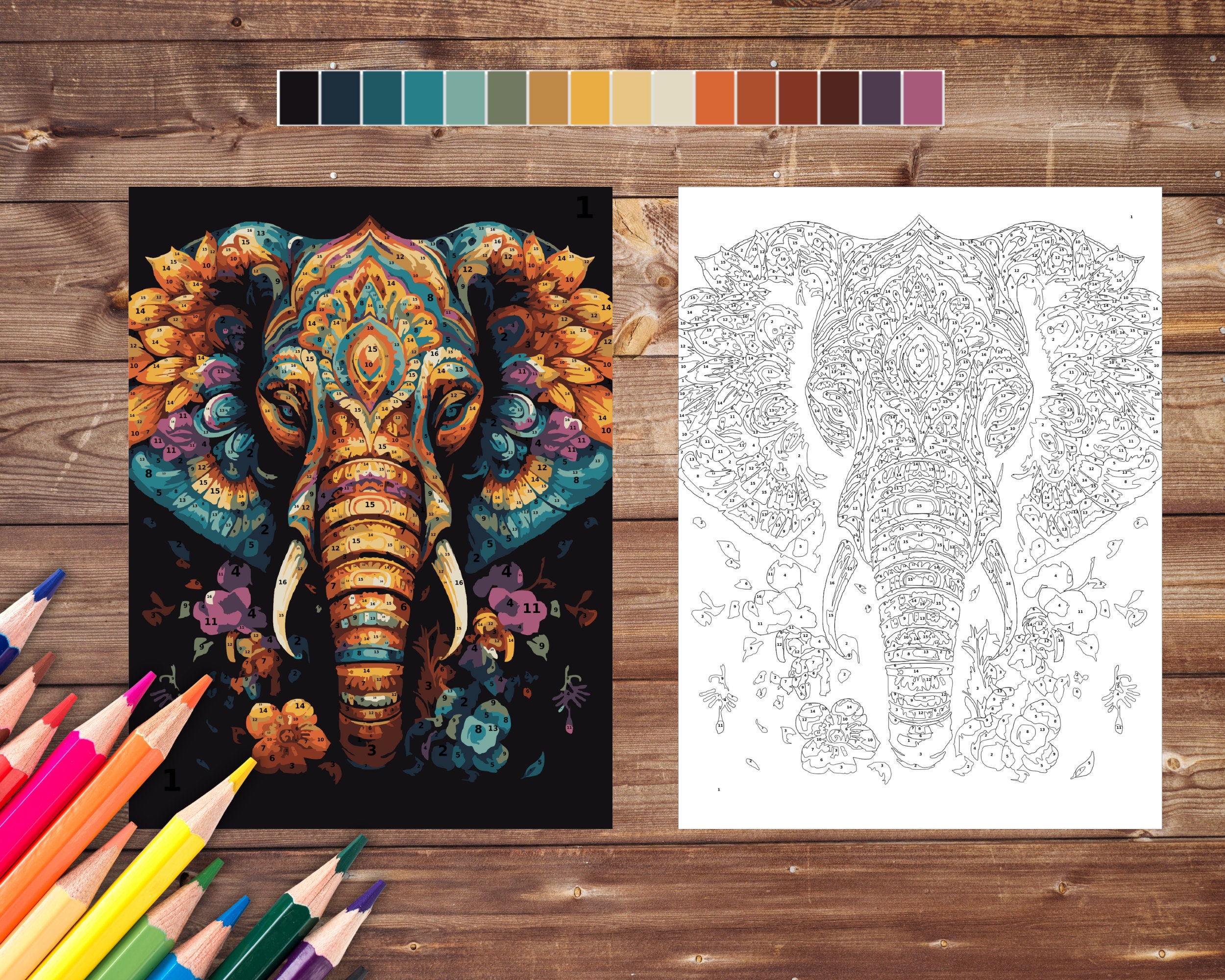 Color by Number for Adults, Elephant Mandala Paint by Number, Printable ...