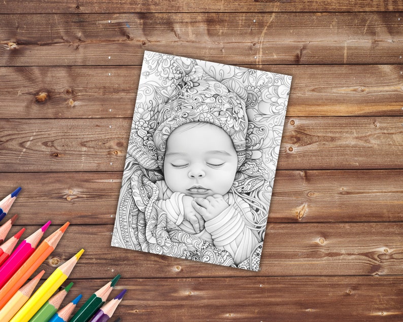 35 Cute Babies Coloring Book, Grayscale Newborn Babies and Flowers ...