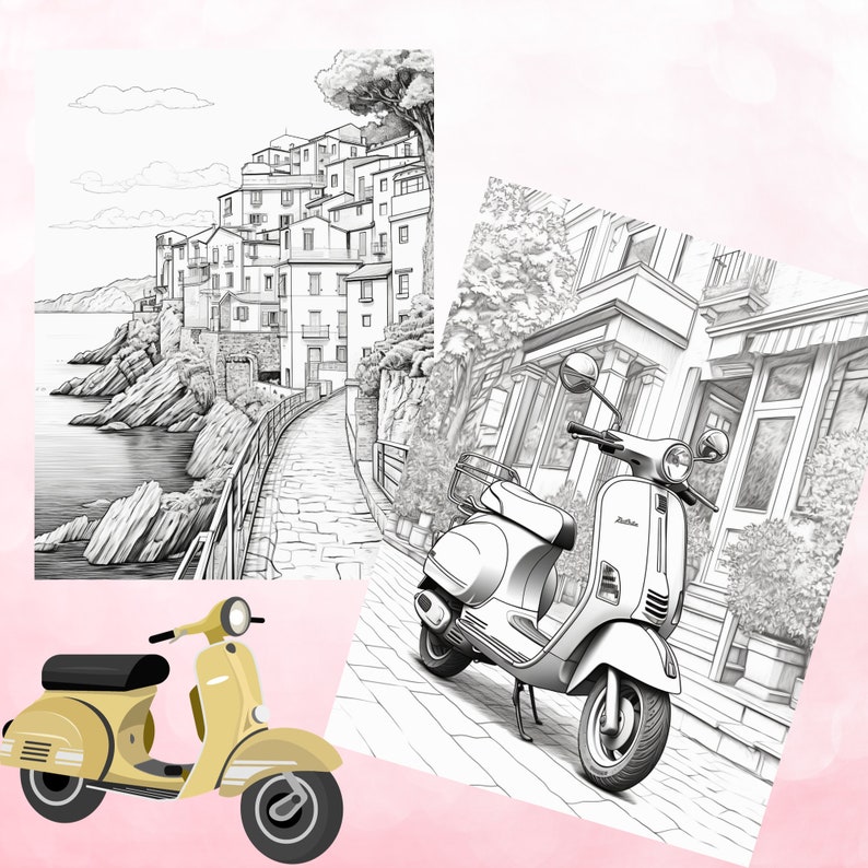 30 Italy Coloring Book, Grayscale Travel Destinations Coloring for ...