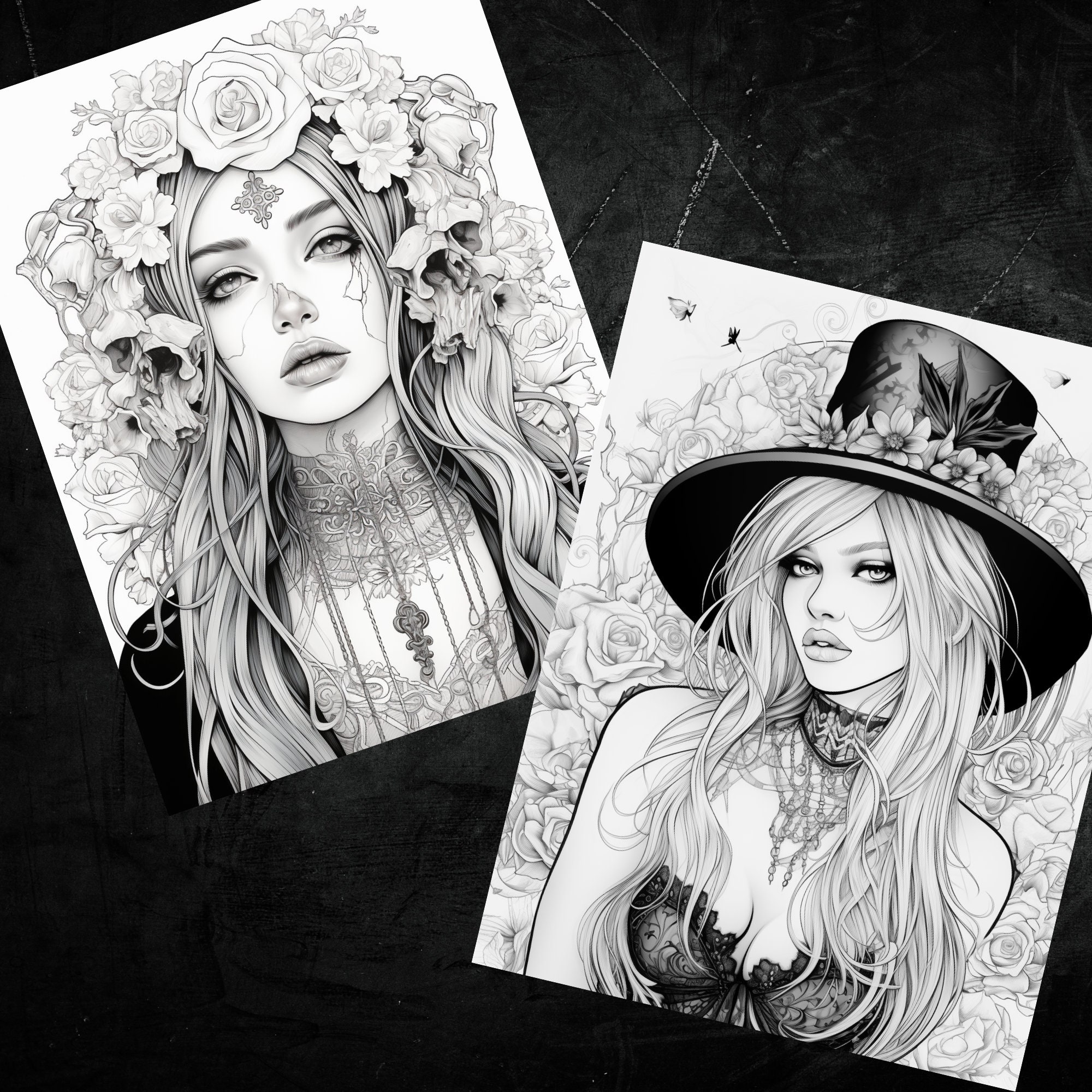 30 Gothic Beauties Coloring Book, Grayscale Printable Gothic Women ...