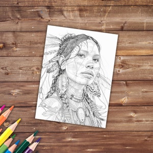 40 Native American Women Coloring Book, Grayscale Fantasy Beautiful ...