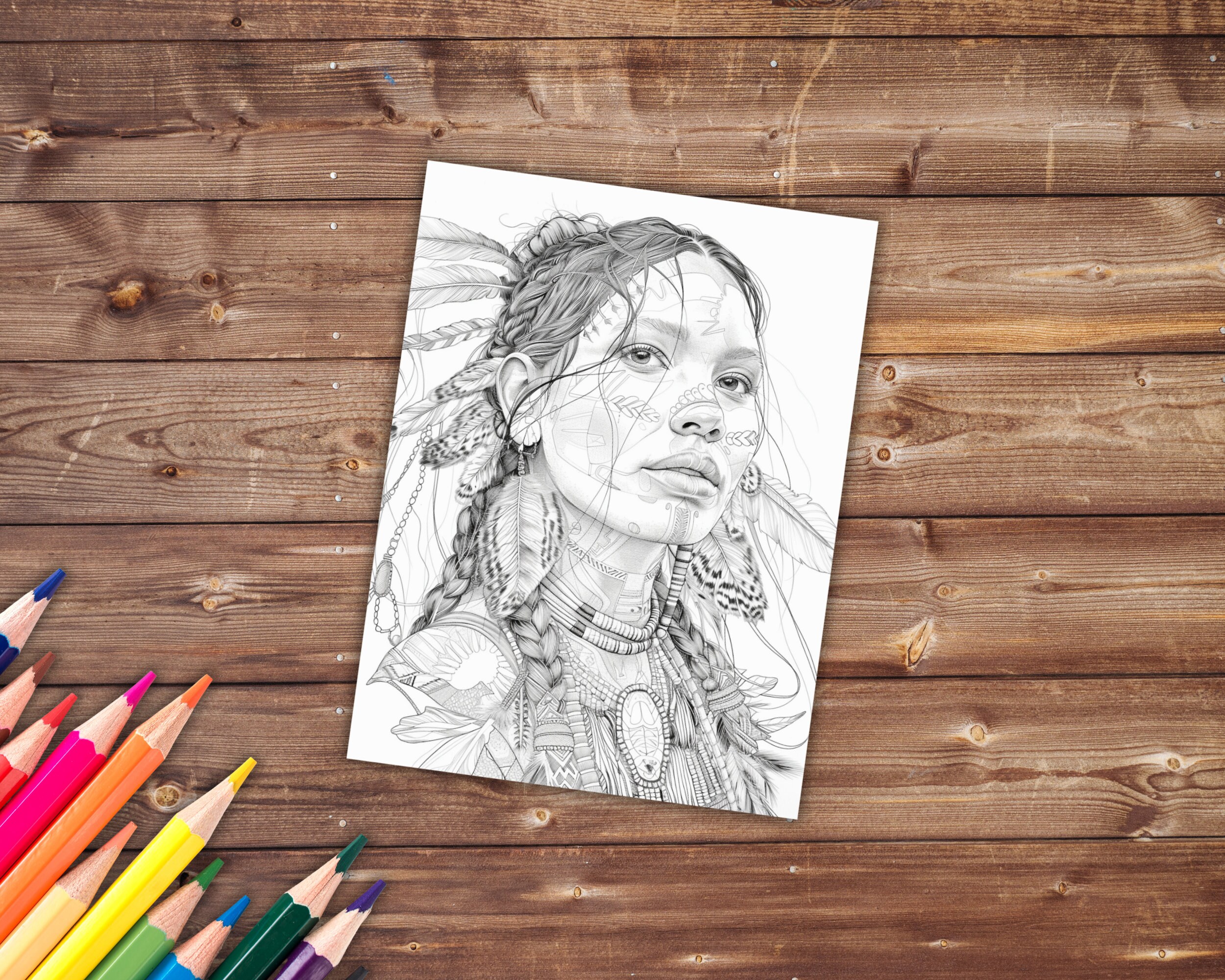 40 Native American Women Coloring Book, Grayscale Fantasy Beautiful ...