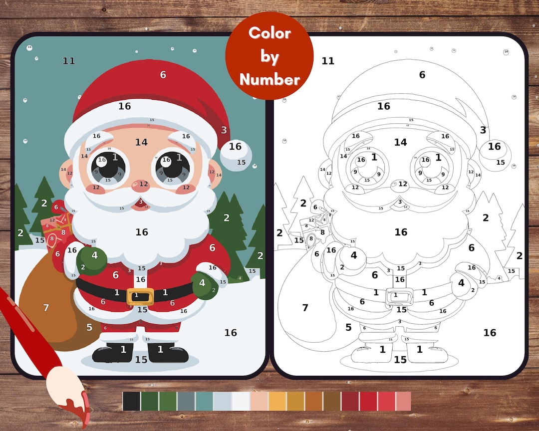 Kawaii Santa Color by Number, Easy Christmas Paint by Number, Printable ...