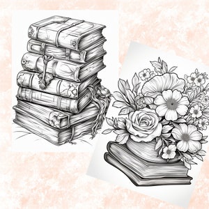 30 Books and Flowers Coloring Book, Grayscale Fantasy Floral Books ...