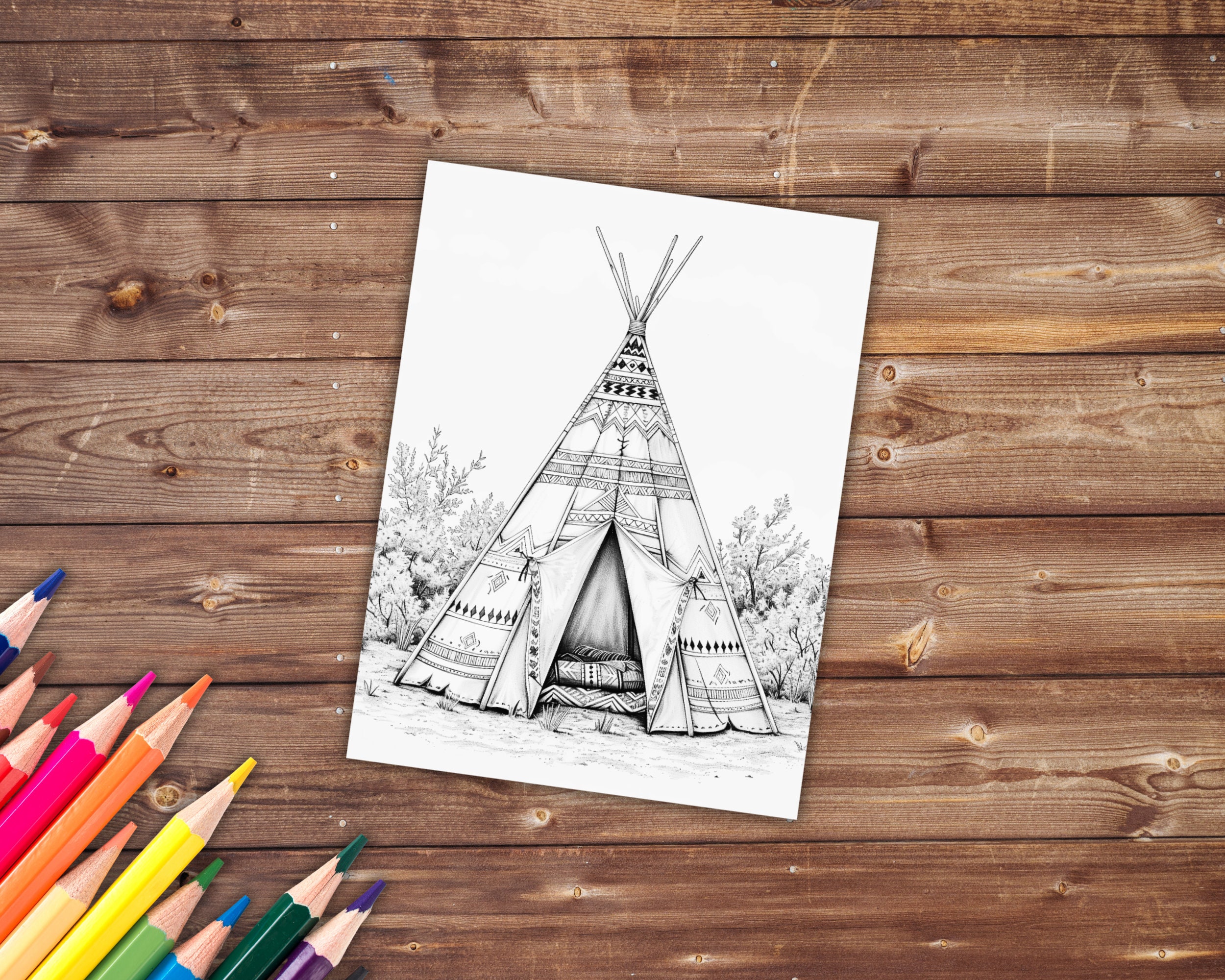 30 Native American Set Coloring Book, Grayscale Teepees Coloring Pages ...