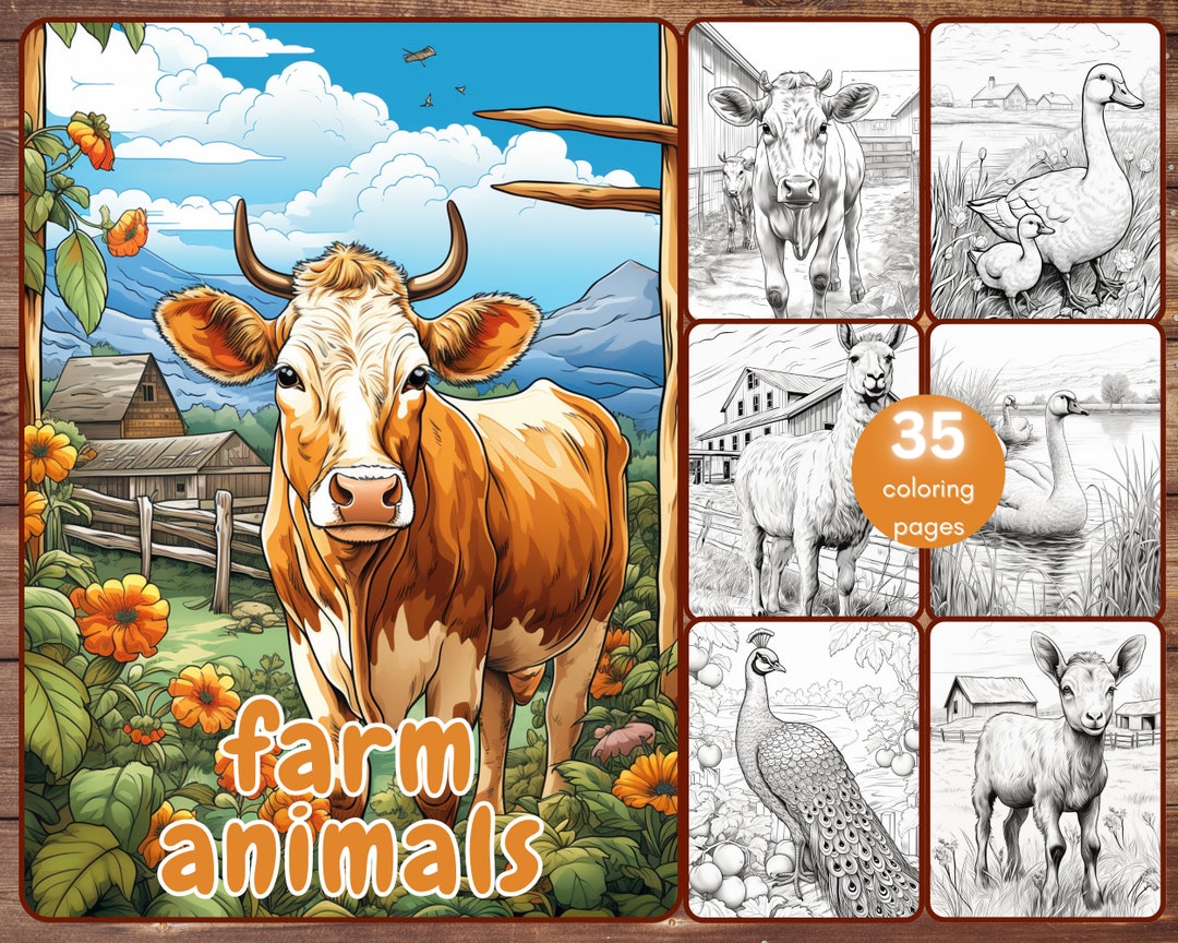 35 Farm Animals Coloring Book, Grayscale Printable Cute Baby Animals ...